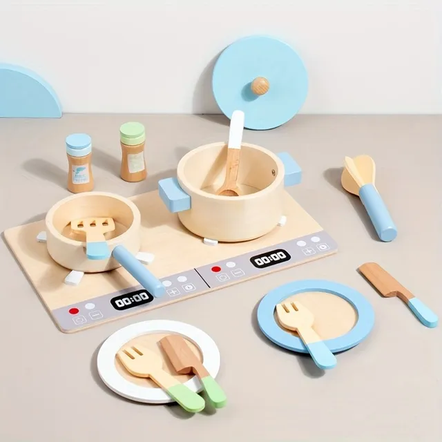 Wooden kitchen for small cooks with realistic dishes · UZO